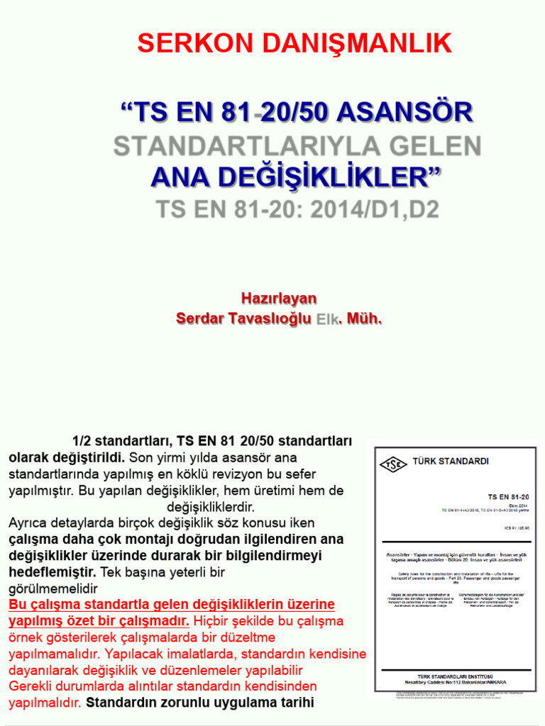 2017.10. TS en 81 20.50 Asansör Standartlariyla Gelen Ana Deği̇şi̇kli̇kler | PDF