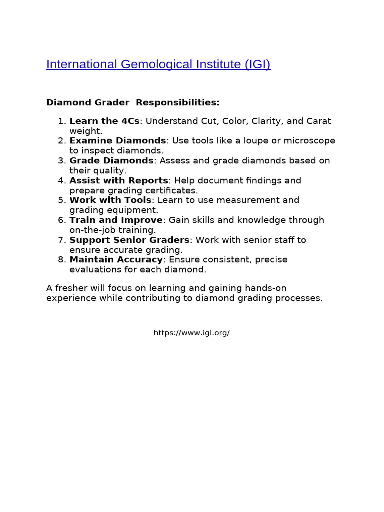 IGI Diamond Grader Job Responsibilities | PDF