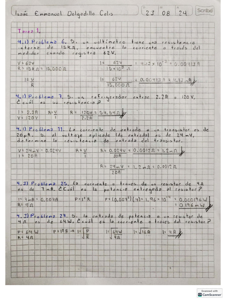Tarea 1 - Ejercicios de Ley de Ohm y Ley de Watt. Delgadillo Celis | PDF