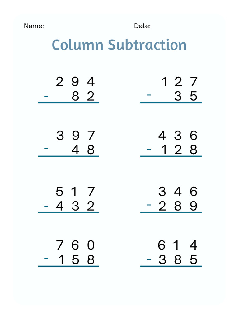 Pastel Yellow and Blue Column Subtraction Worksheet On Grid Paper | PDF