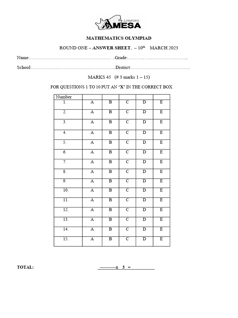 2023 Olympiad Round 1 Answer Sheet | PDF
