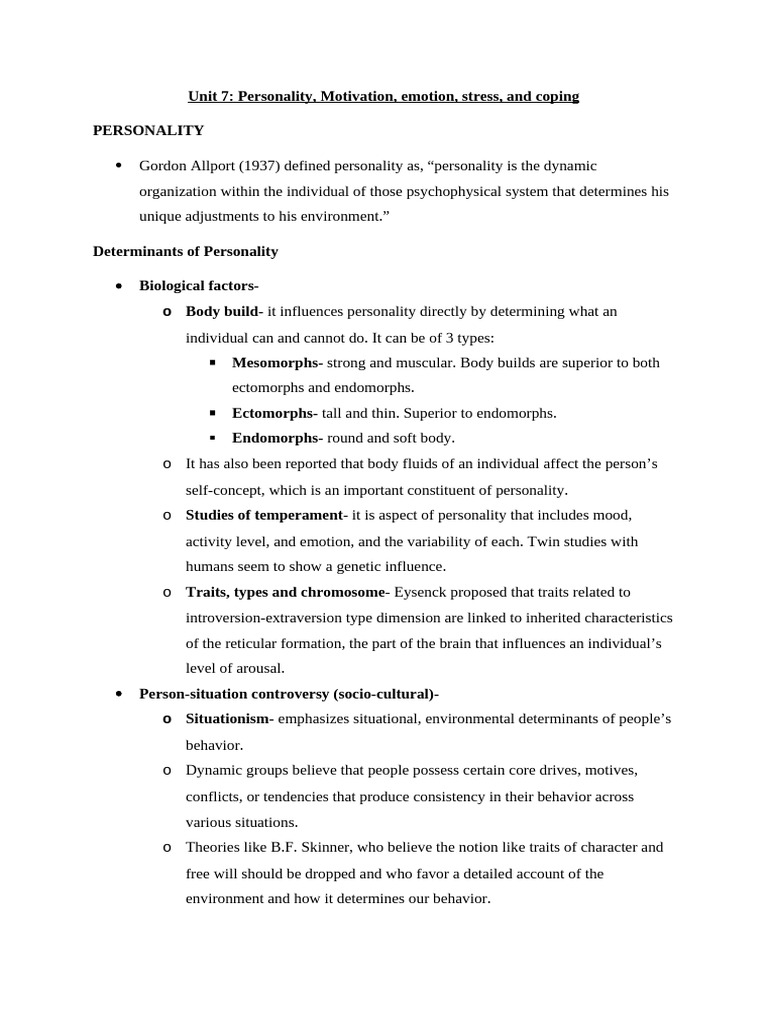 Unit 7 - Personality, Motivation, Emotion, Stress and Coping | PDF ...
