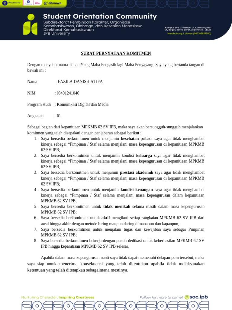 Komitmen Anggota MPKMB 62 SV IPB | PDF