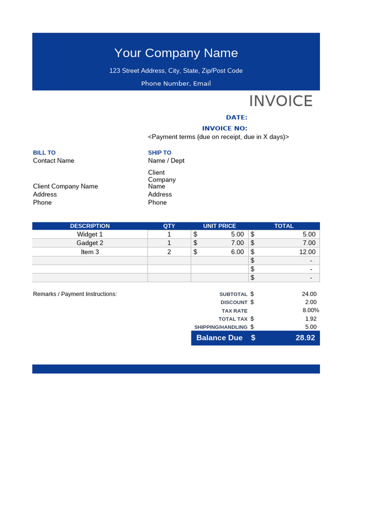 Navy Invoice Template Centered Excel | PDF