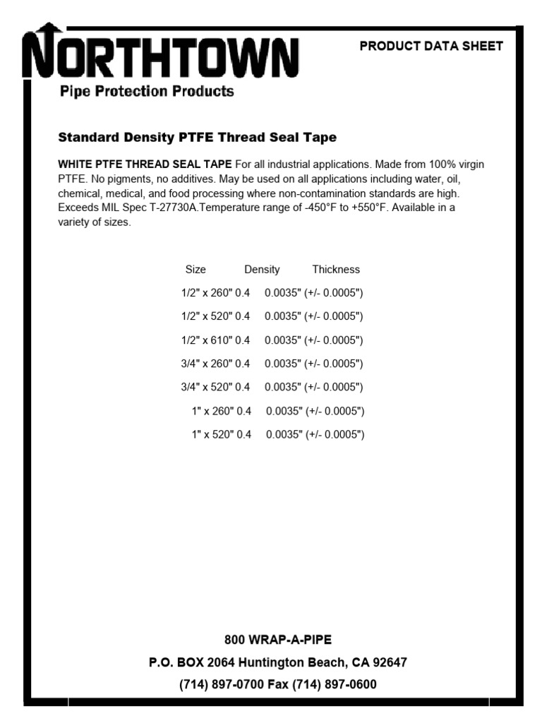 Teflon Tape Datasheet | PDF