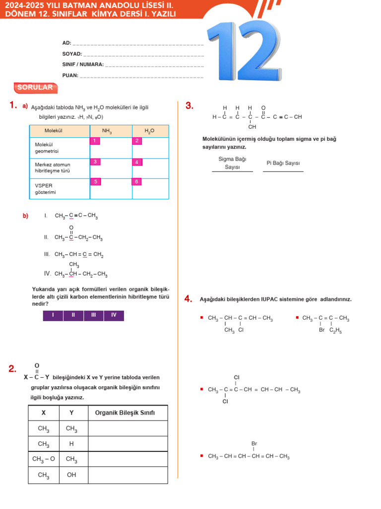12. SINIF KİMYA YAZILI | PDF
