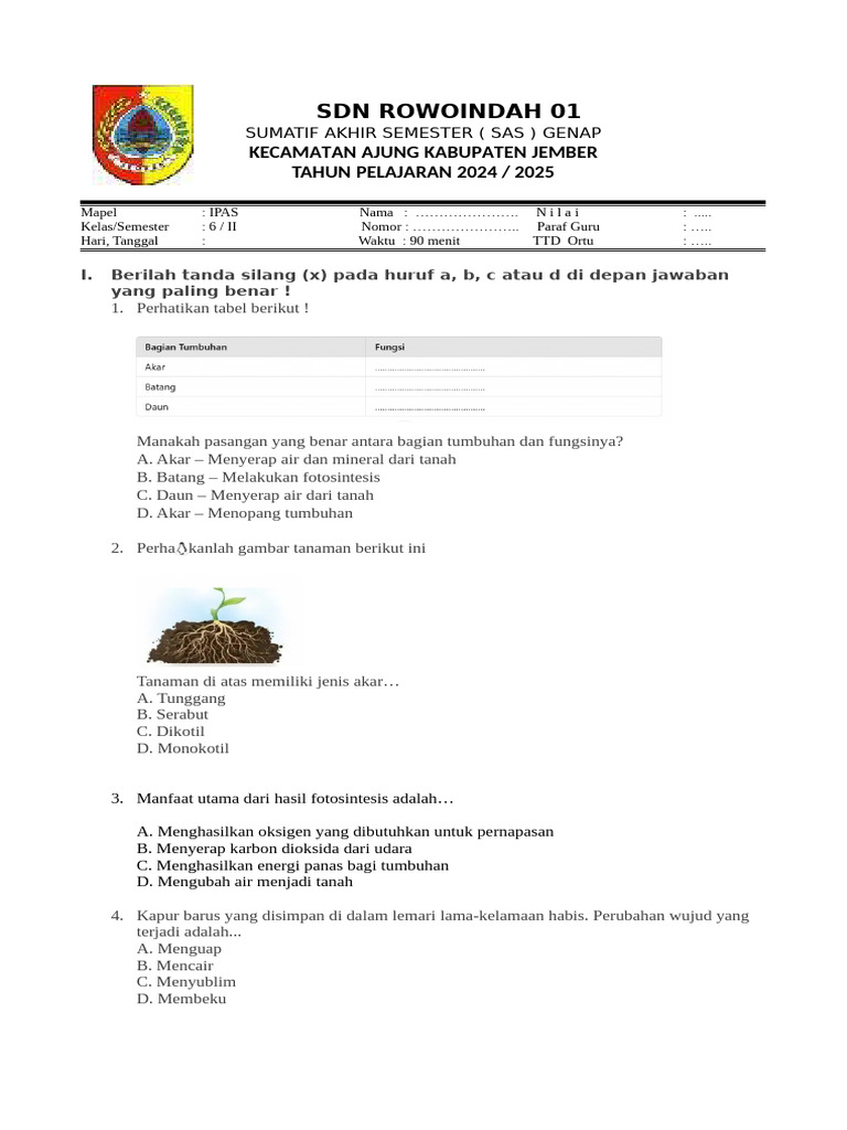 soal bu farida ujian sekolah kelas 6 | PDF