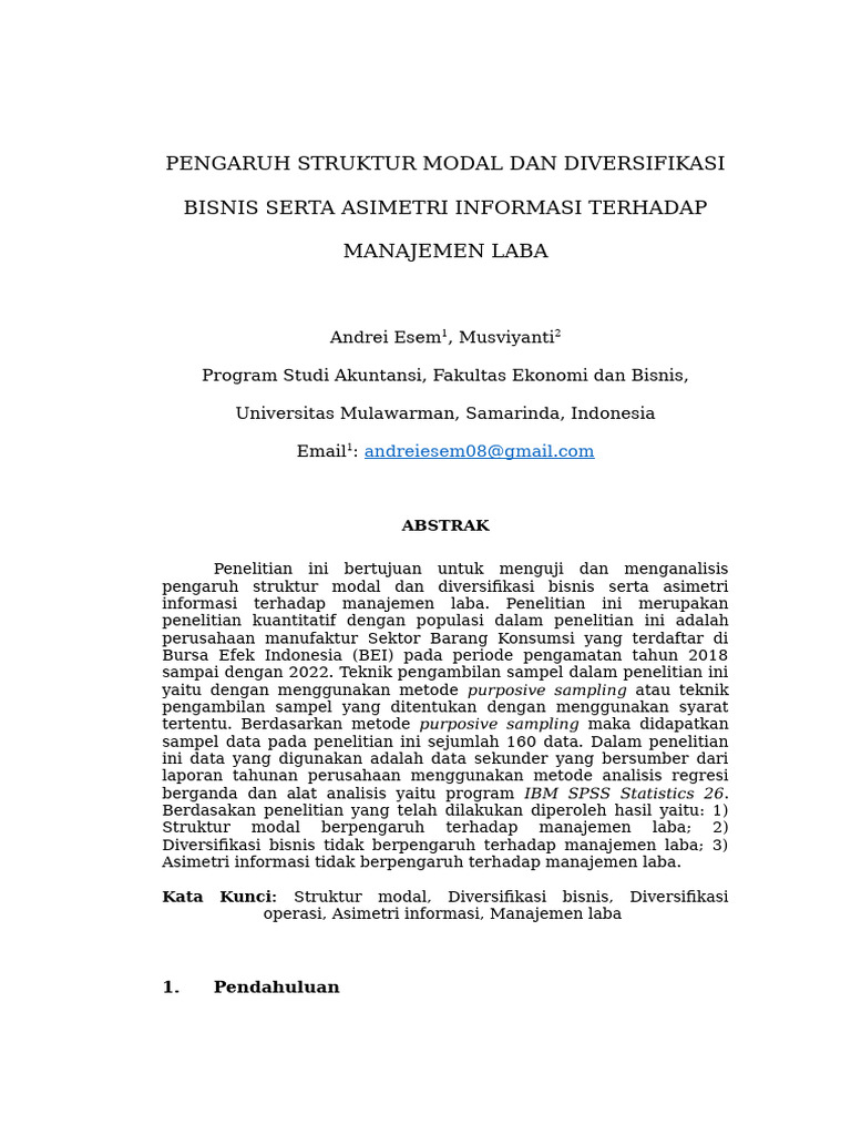 Jurnal Pengaruh Struktur Modal Dan Diversifikasi Bisnis Serta Asimetri Informasi Terhadap ...