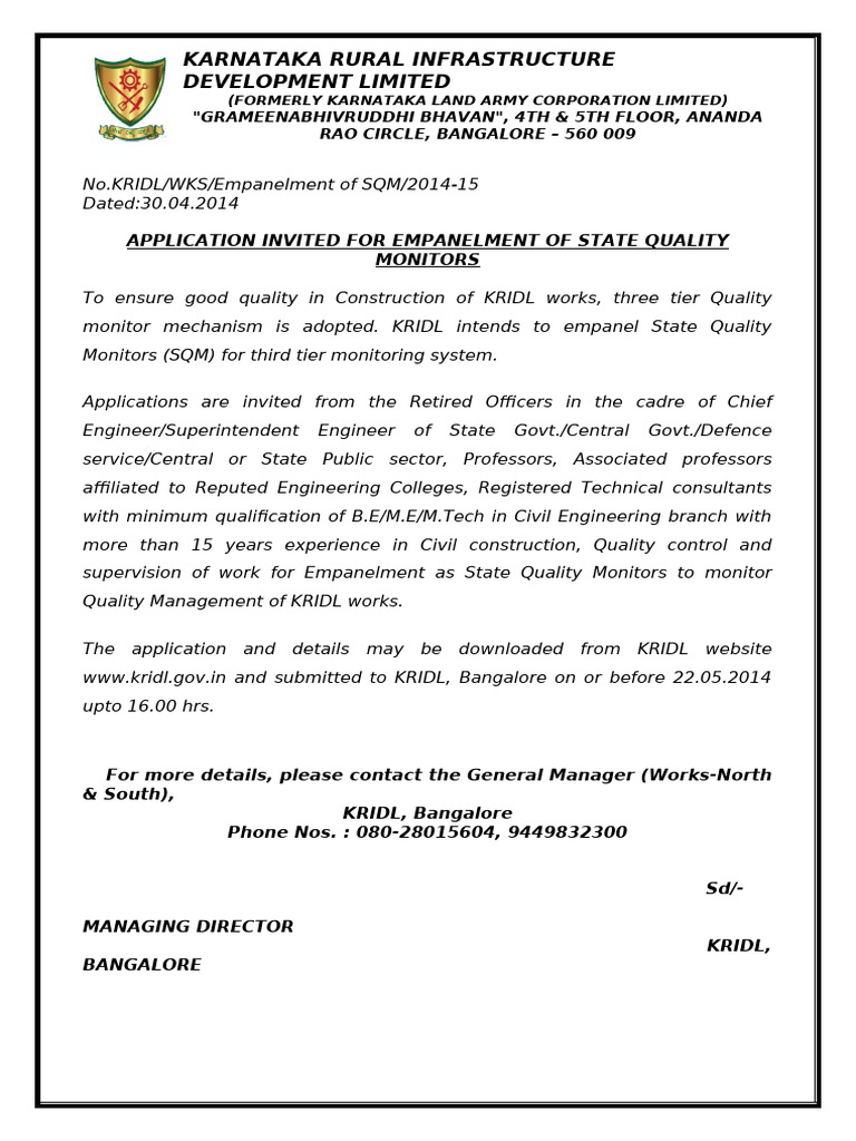 KRIDL Empanelment for State Quality Monitors | PDF
