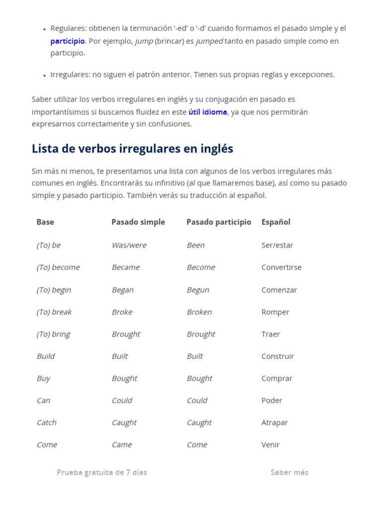 Lista de Verbos Irregulares en Inglés - Los Más Comunes - Lingoda | PDF ...