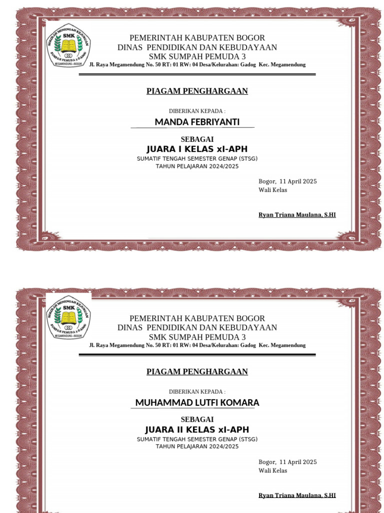 Sertifikat Juara Kelas - Ryan Triana Maulana A4 | PDF