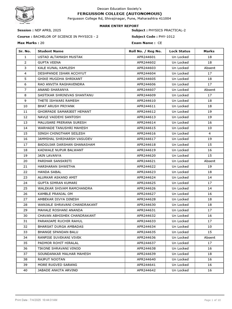 Mark Entry Report for Physics Practicals | PDF