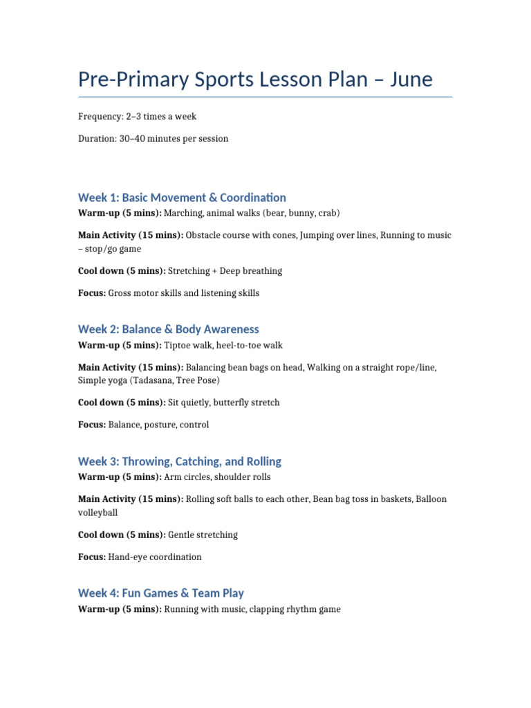PrePrimary Sports Lesson June | PDF