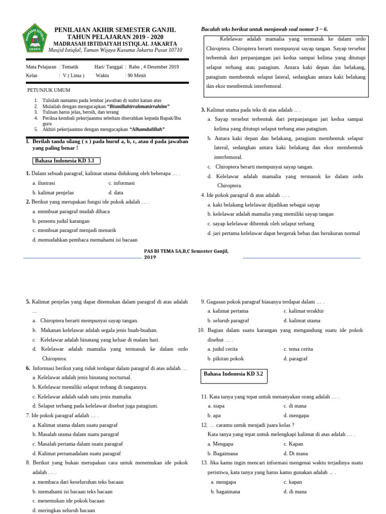 Soal PAS Bahasa Indonesia Tema 5A,B,C | PDF
