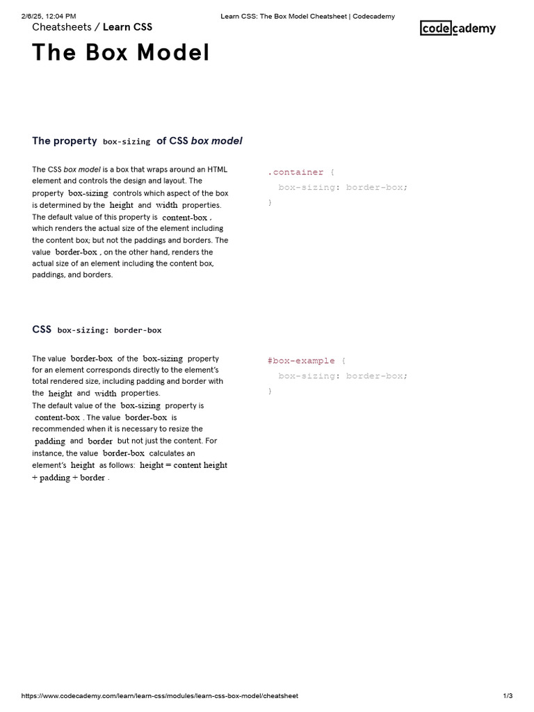Learn CSS - The Box Model Cheatsheet - Codecademy | PDF | World Wide Web | Internet & Web