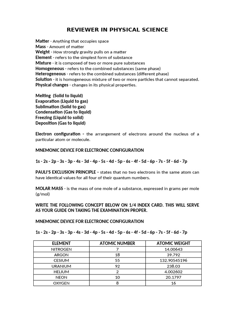 Physical Science Review Guide | PDF