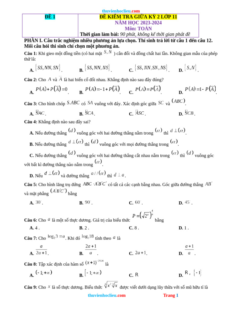 De Kiem Tra Giua HK2 Toan 11 Canh Dieu de 1 Hay | PDF
