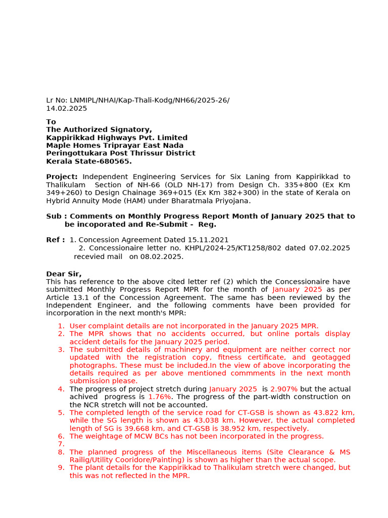 Comments On MPR Report Month of Jan-2025 (Kappirikkad-Thalikulam) - Reg ...