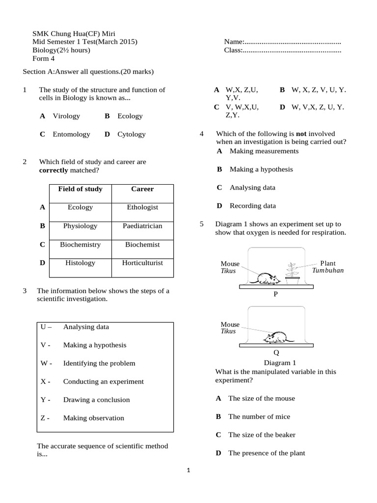 Mid Sem 1 Exam Bio F4 | PDF | Cell Membrane | Endoplasmic Reticulum