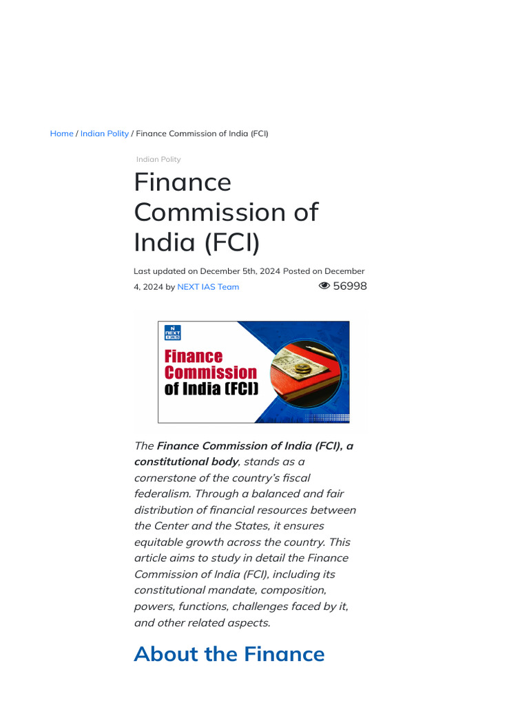 Finance Commission of India (FCI) - Its Functions, Role & Members | PDF ...