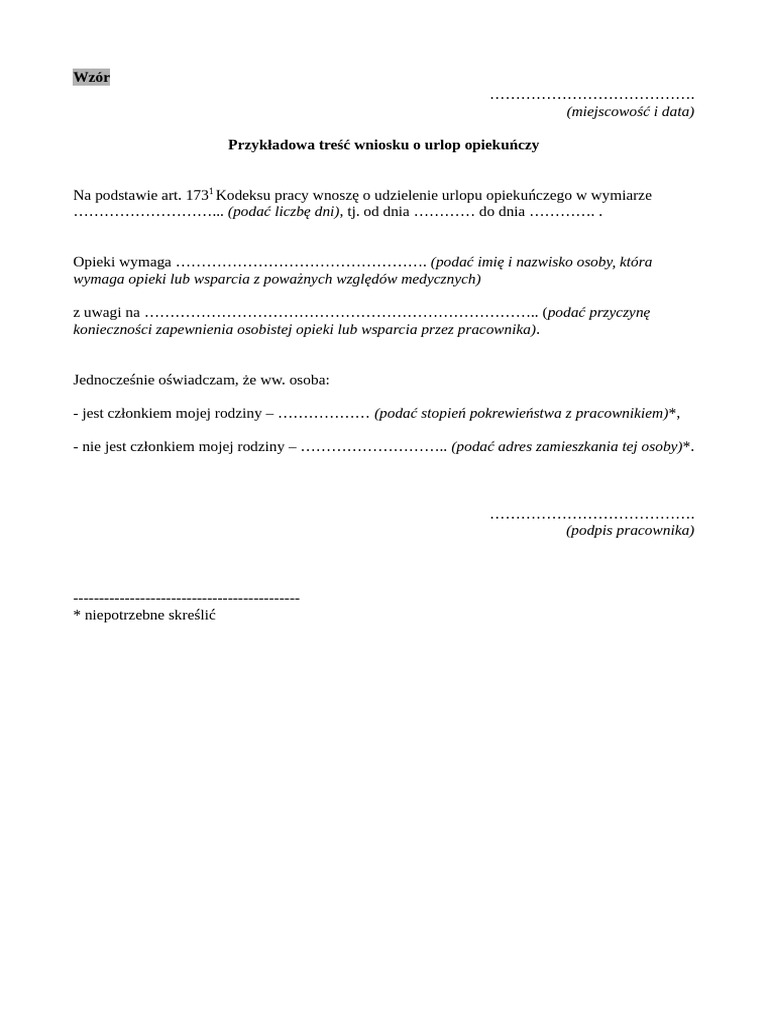 Wniosek o Urlop Opiekunczy Wzor | PDF