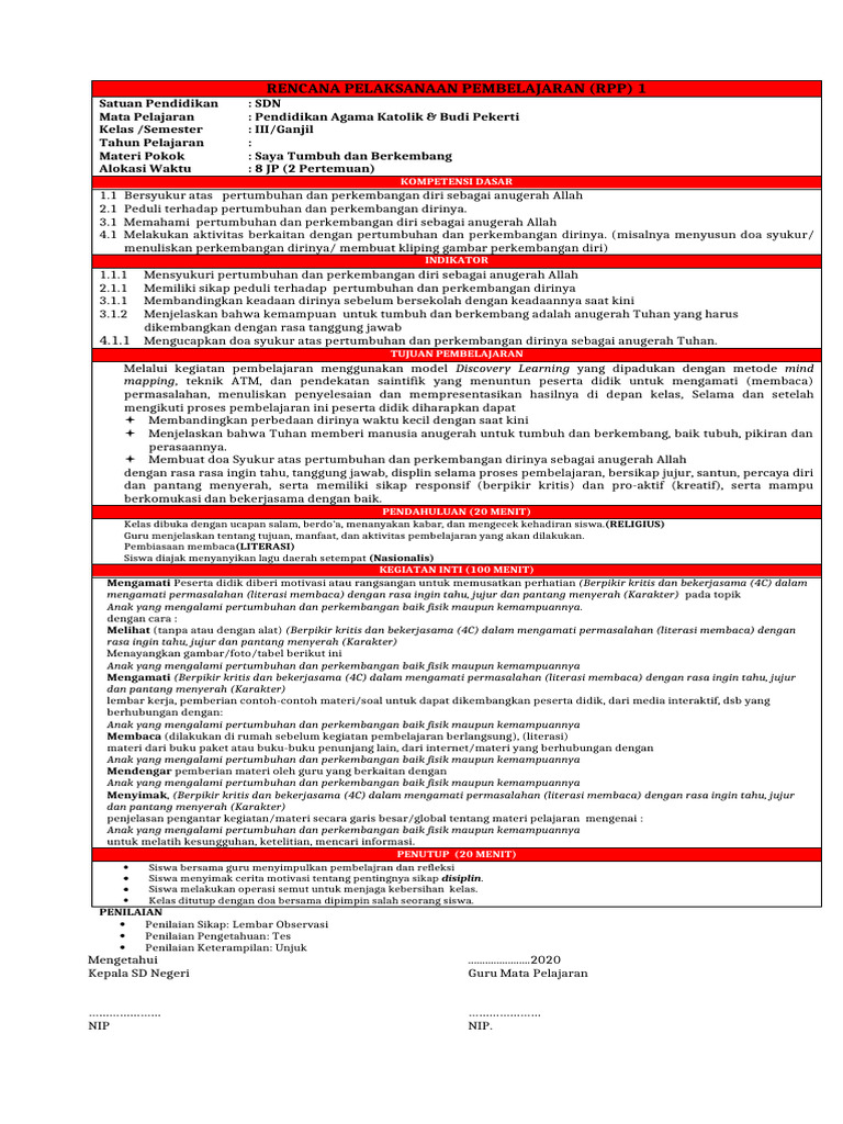 (Playstore Masafidhan) RPP KATOLIK K3 Sem1-1 Saya Tumbuh dan Berkembang | PDF