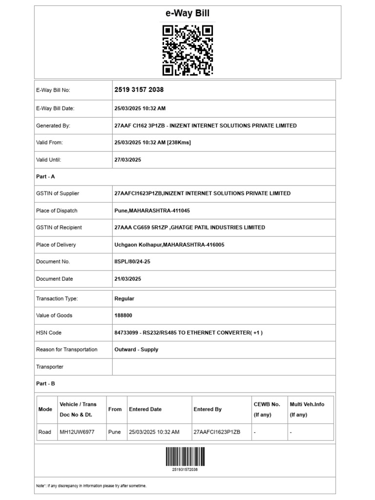 E-Way Bill for Inizent Solutions | PDF