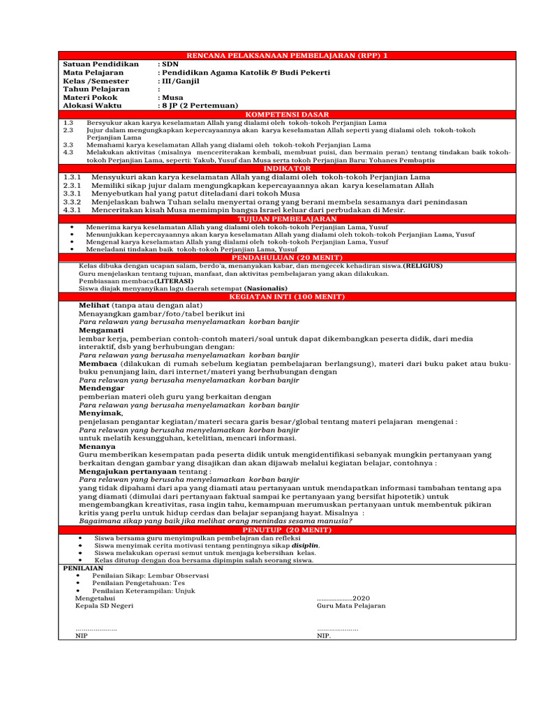 (Playstore Masafidhan) RPP KATOLIK K3 Sem1-5 Kisah Musa | PDF