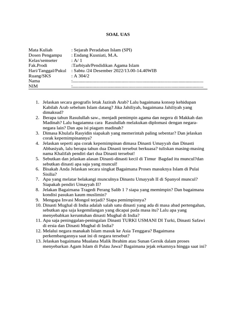 Soal Uas. Spi Pai 1 A Ganjil 2022.2023 | PDF