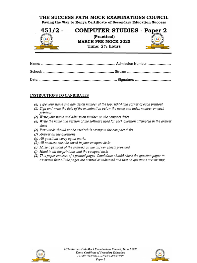 Computer Studies Pp2 Pre-Mock 2025 | PDF | Spreadsheet | Typefaces