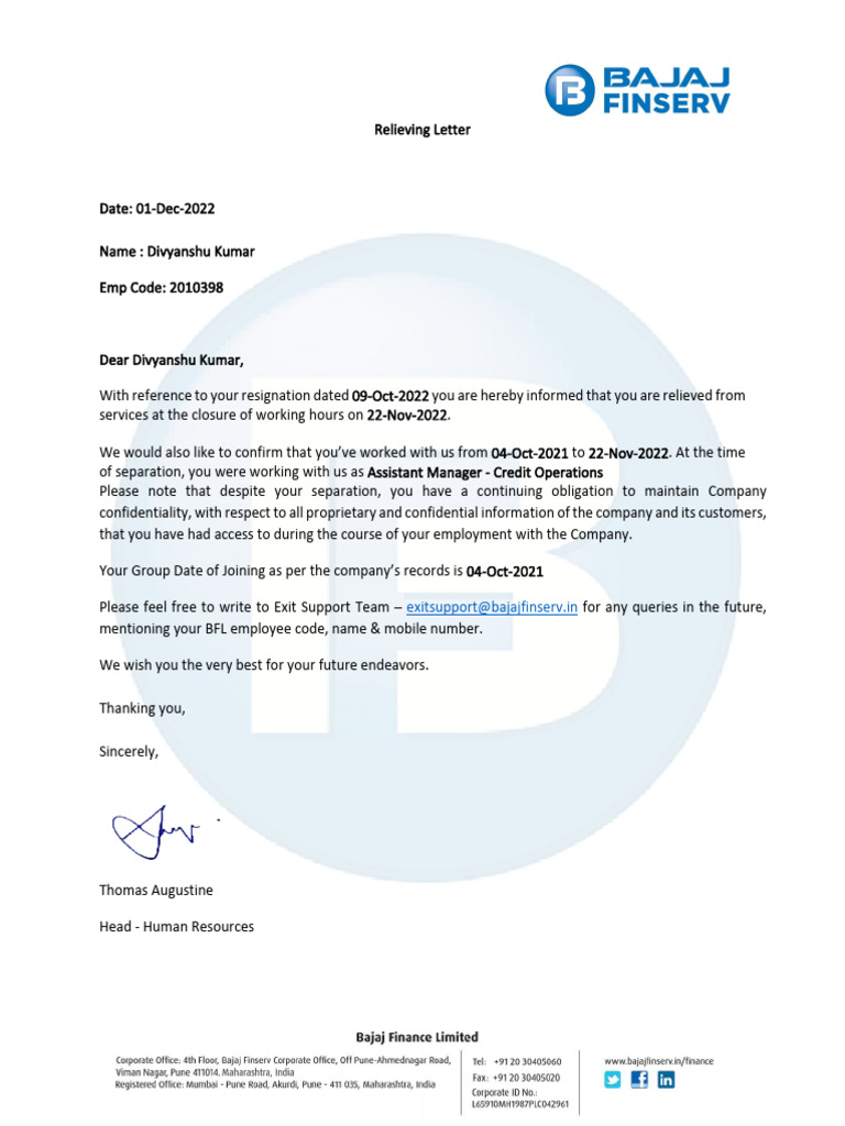 Bajaj Finserv Relieving Letter | PDF