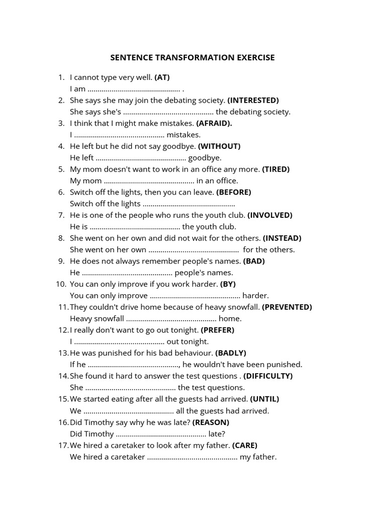 Sentence Transformation Exercise 1 | PDF