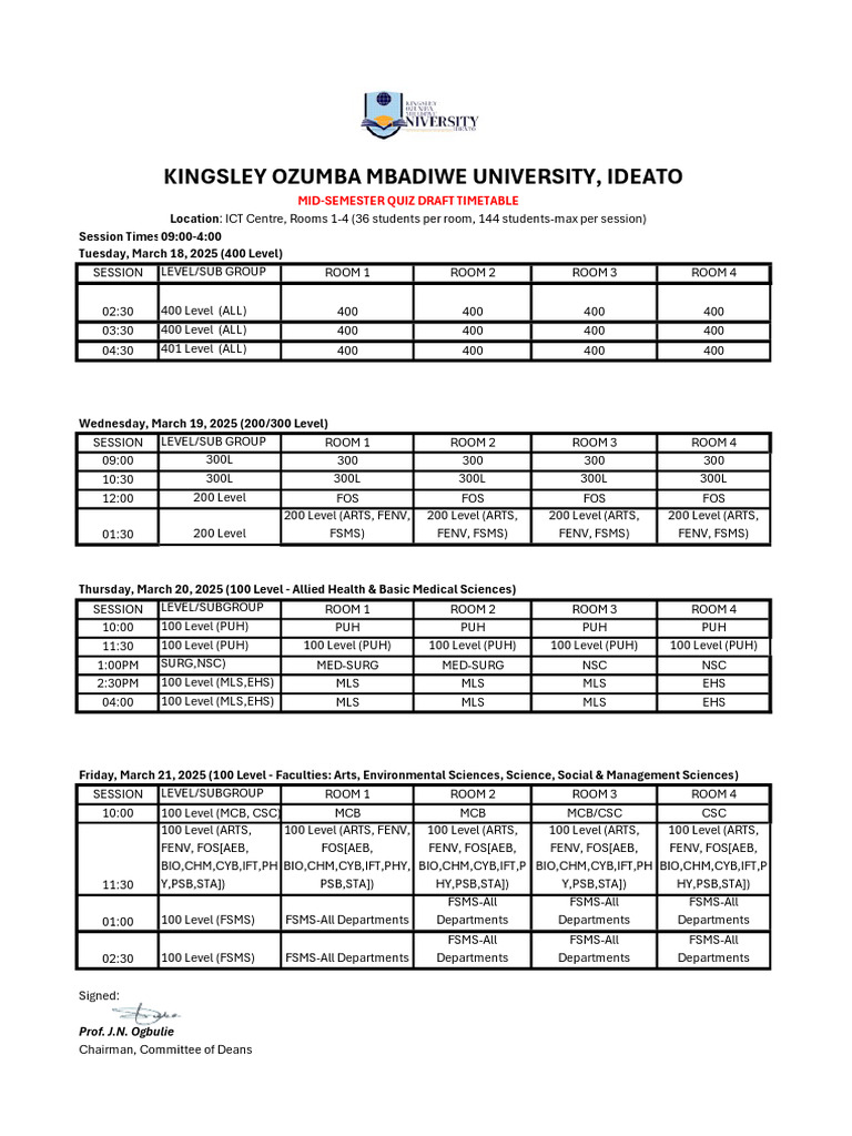 Draft Time Table Mid Semester Quiz | PDF