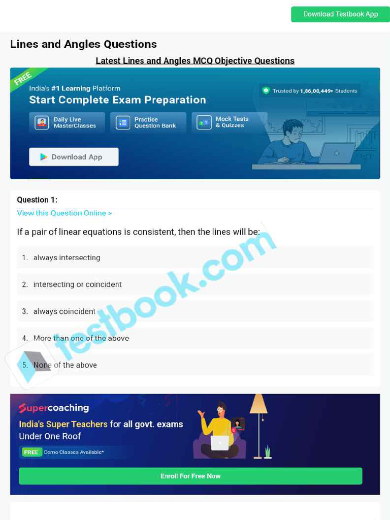 MCQ On Lines and Angles | PDF
