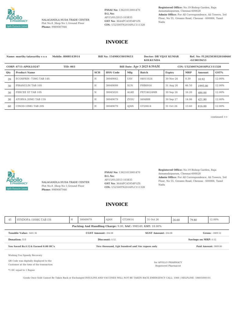 Apollo_Medicine_InvoiceApr_6_2025_20_13 | PDF | Health Sciences | Medicine
