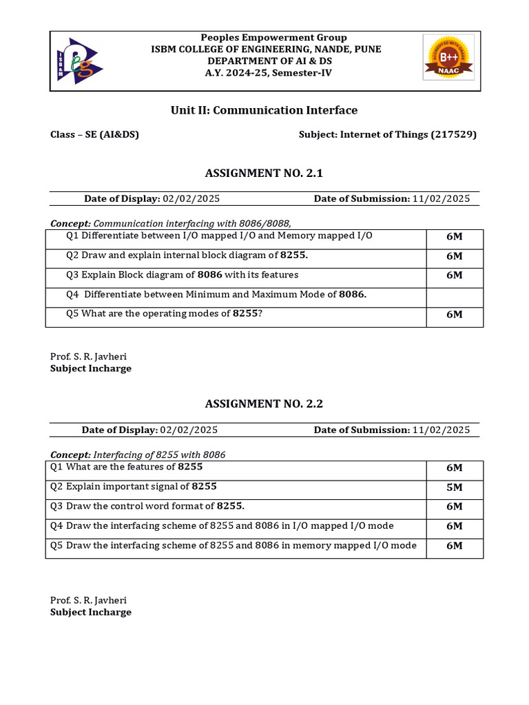 Assignments 2.1 To 2.4 UNIT 2 Communication Interfacing | PDF | Input/Output | Electronic ...
