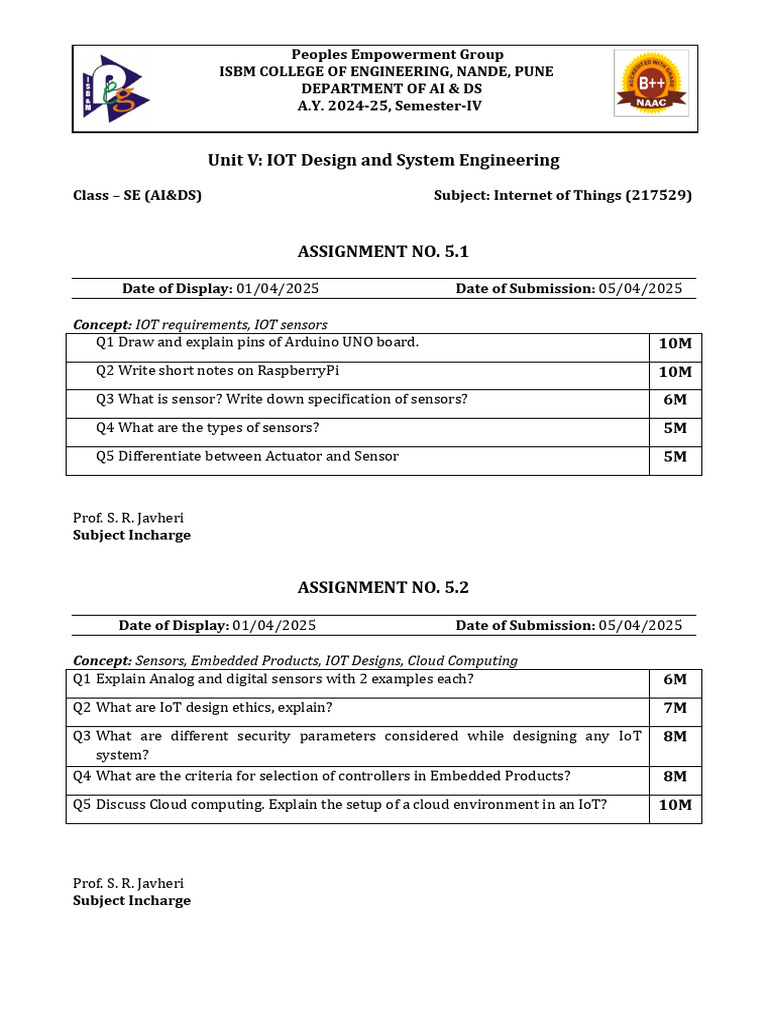 Assignments 5.1 To 5.4 UNIT 5 IOT Design and System Engineering | PDF | Internet Of Things ...