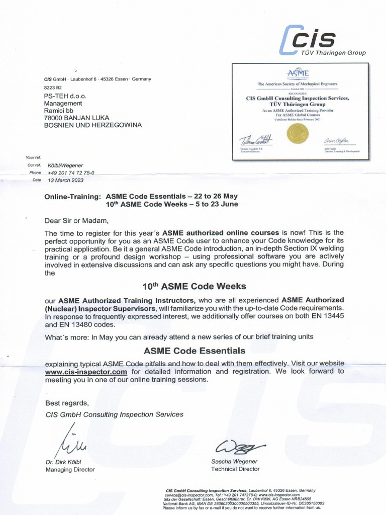 CIS ASME Kod Poziv Za Obuku | PDF