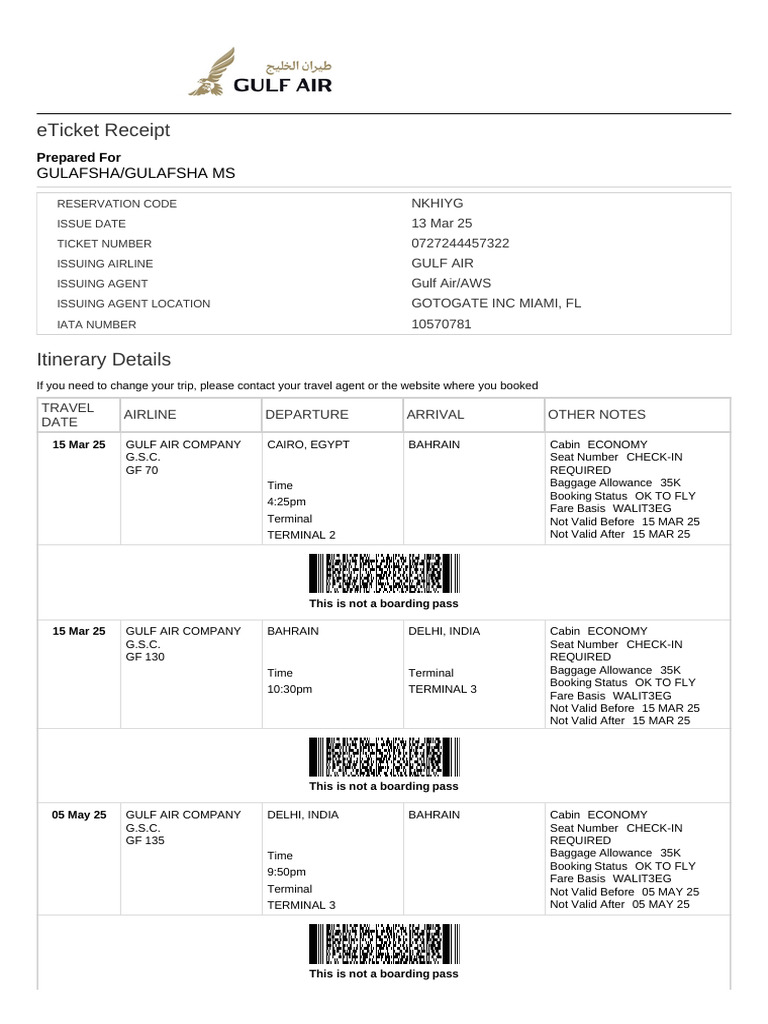 Electronic Ticket Receipt, March 15 For MS GULAFSHA GULAFSHA | PDF ...