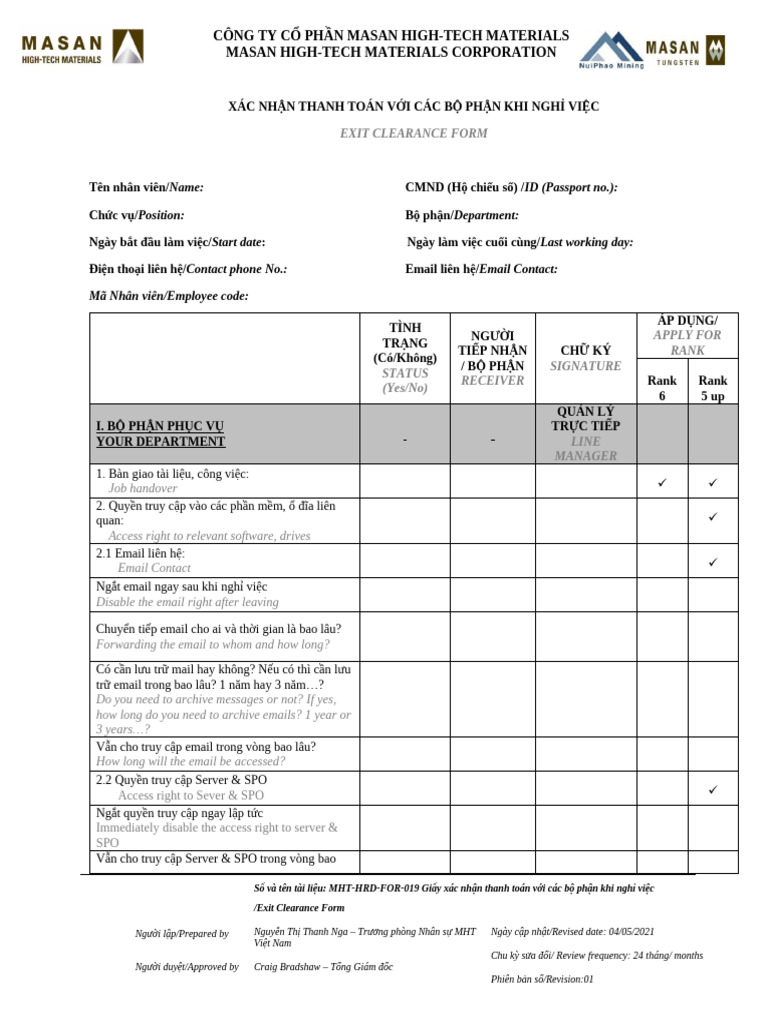 MHT - HR - Exit Clearance Form - Final | PDF