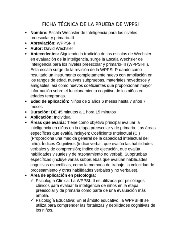 Ficha Técnica de La Prueba de Wppsi | PDF | Escala de inteligencia para adultos de Wechsler ...