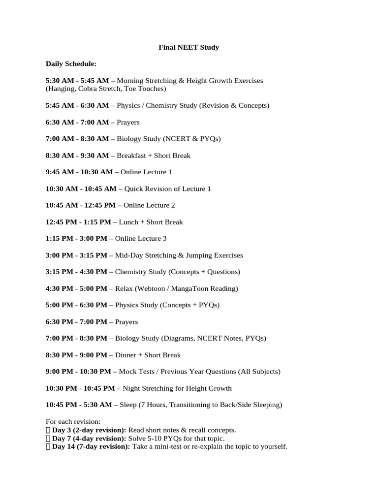 NEET Aspirants Daily Study Schedule | PDF