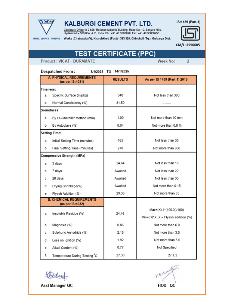 Vicat Bharthi Cement PPC 2 2025 | PDF | Physical Sciences | Concrete