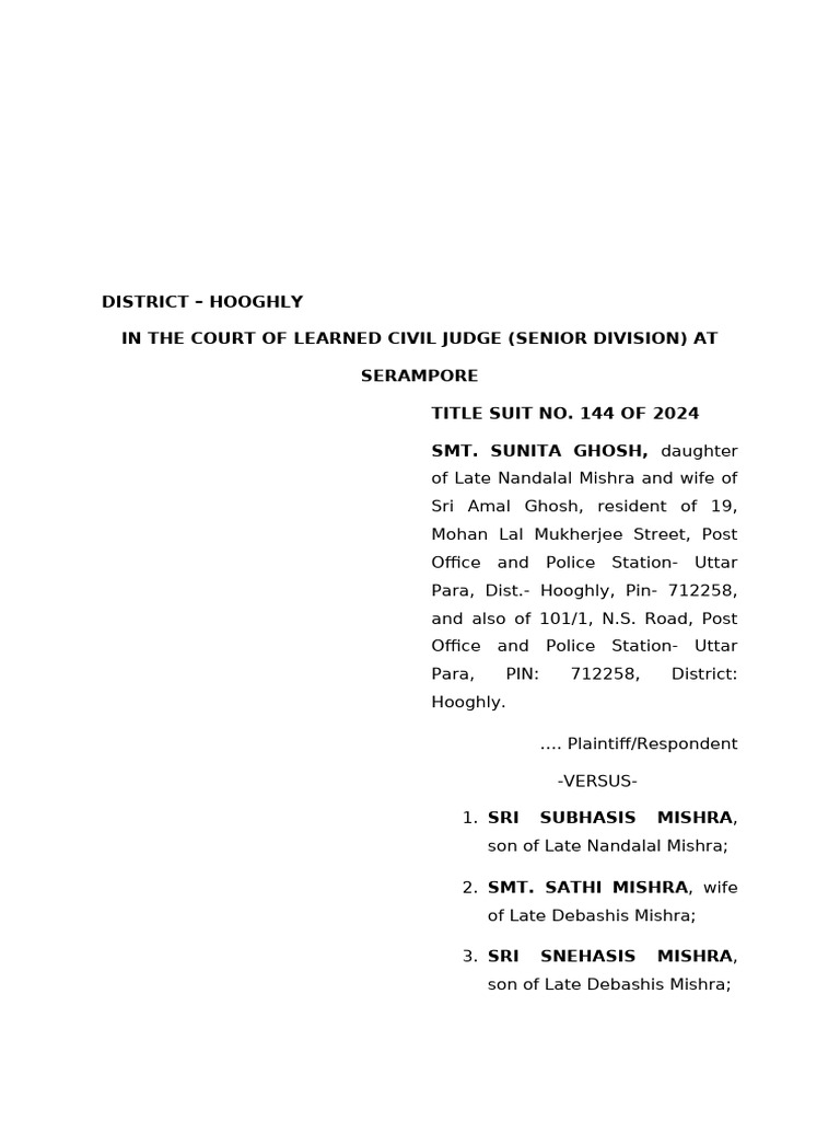 INJUNCTION APPLICATION Smt. Sunita Ghosh vs. Sri Subhasis Mishra and Ors. DATED 26.03.2025 | PDF ...