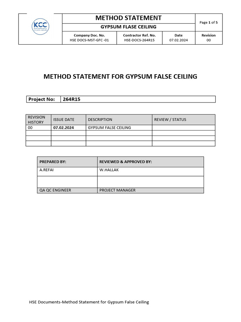 10.GYPSUM FALSE CEILING - Method Statement | PDF | Drywall | Building Engineering