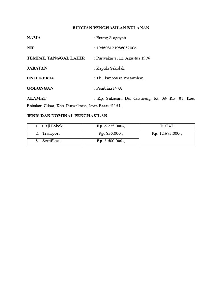 Rincian Penghasilan Enung Surgayati | PDF
