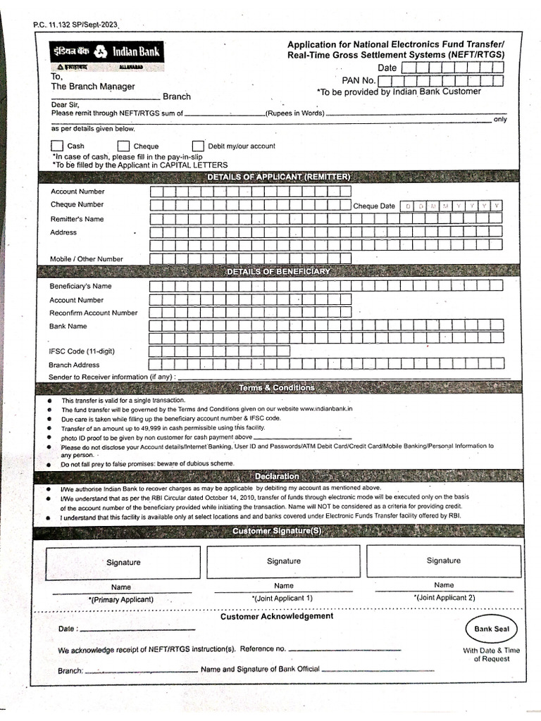 Indian Bank RTGS Form Eng Hindi | PDF