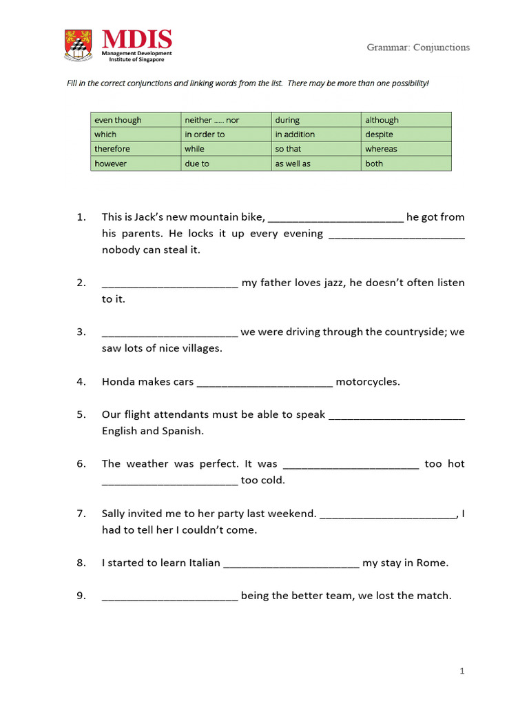Conjunctions Practice | PDF