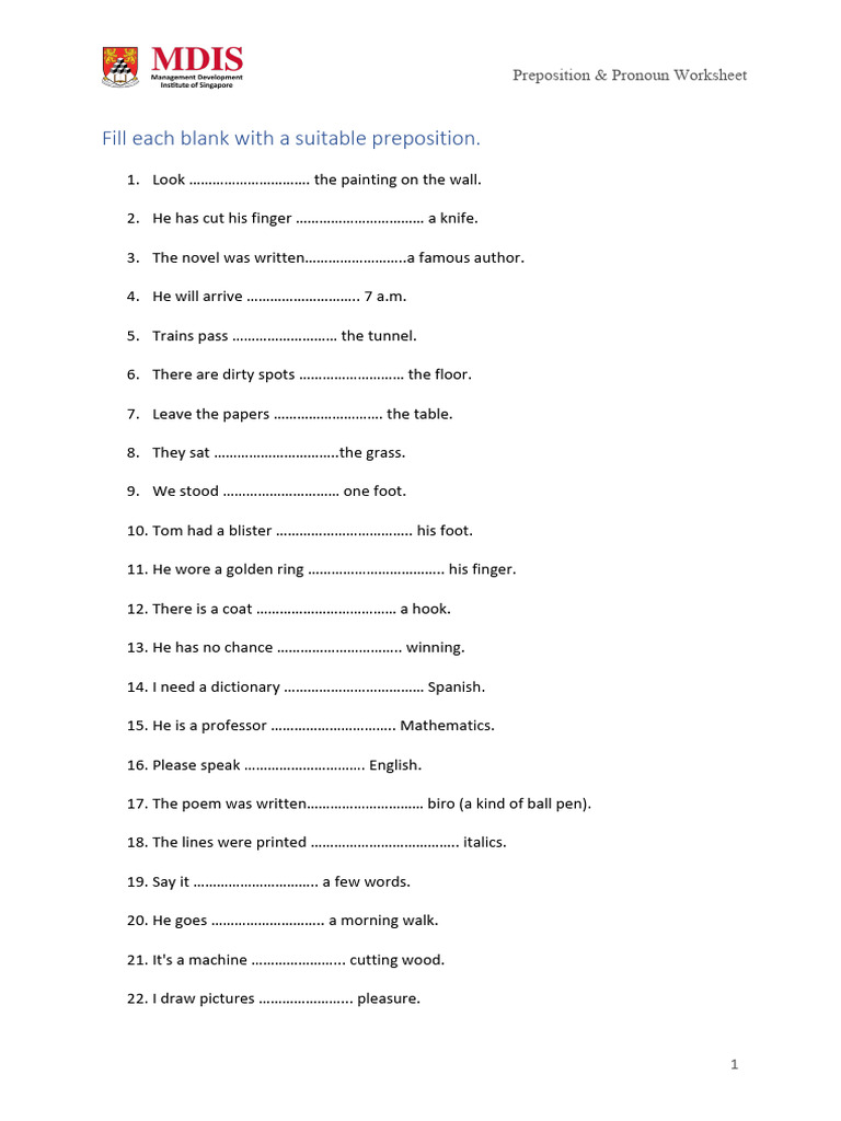 Prepositions and Pronouns Worksheet | PDF