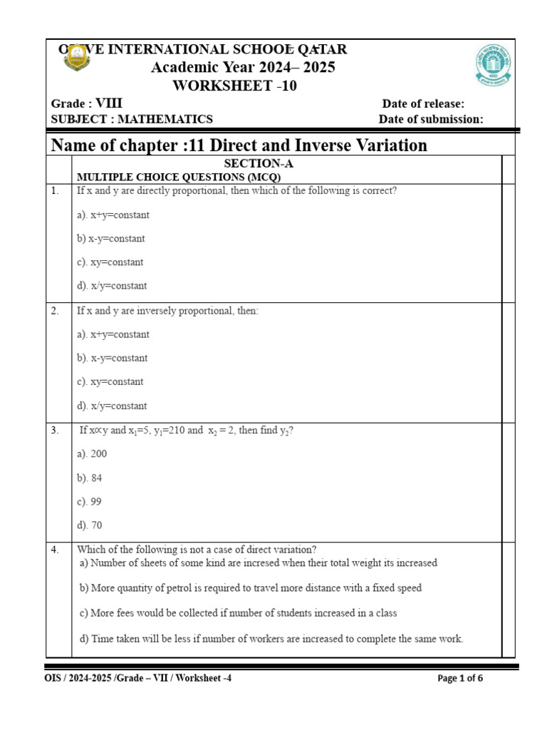Grade 8 Direct & Inverse Variation Worksheet | PDF